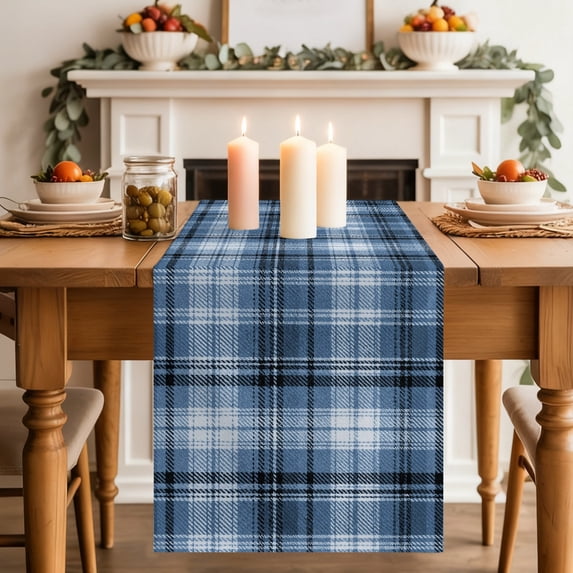 Blue Plaid Table Runner, Rustic Farmhouse Washable Cotton-linen Table ...