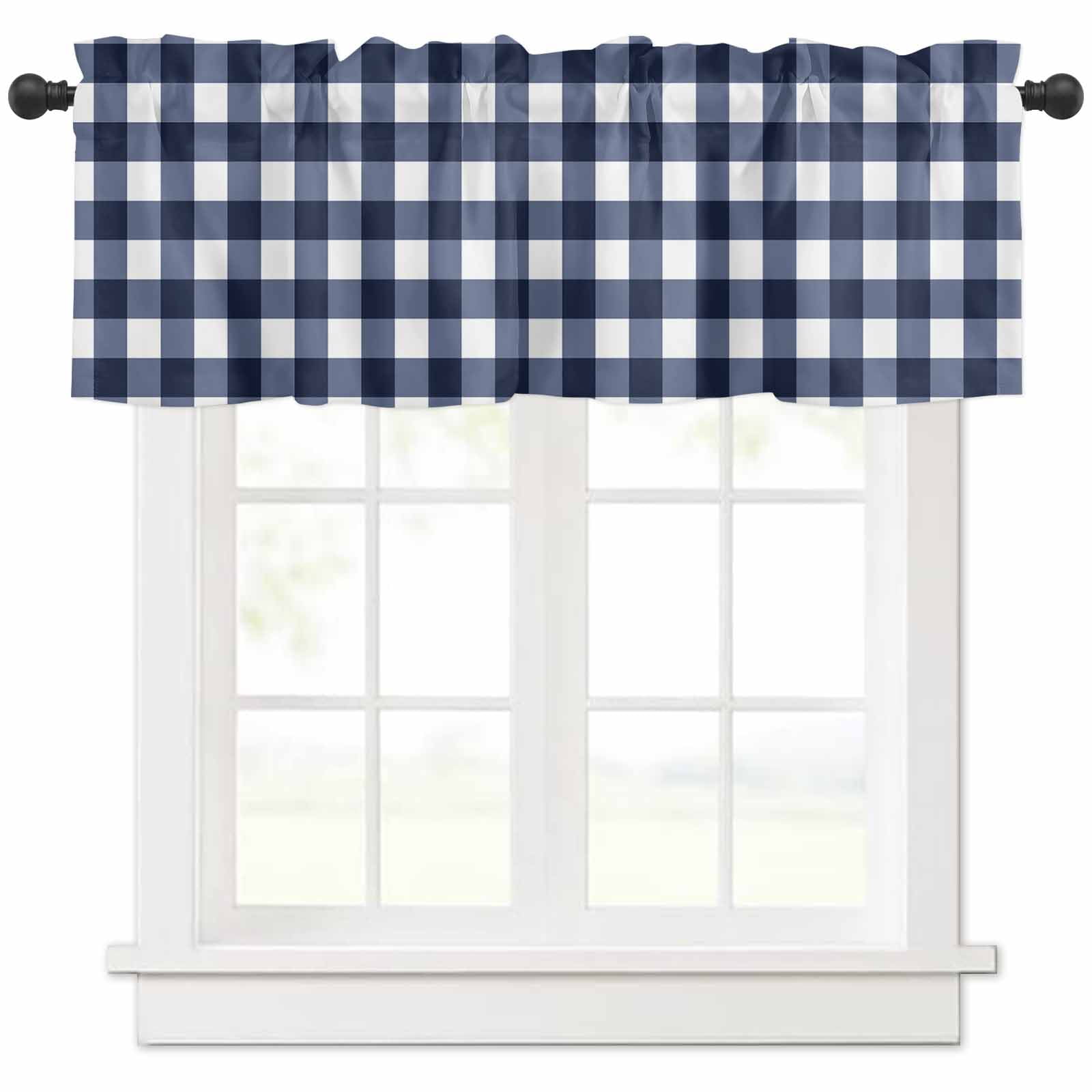 Blue Plaid Valances for Windows Farmhouse Kitchen Curtains Valances Rod ...