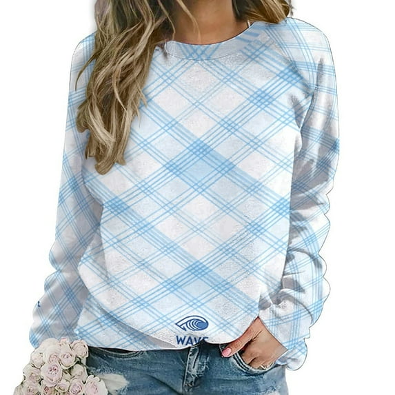 Blue Plaid Wave Pattern Hoodie Round Neck Long Sleeve Cute Casual ...