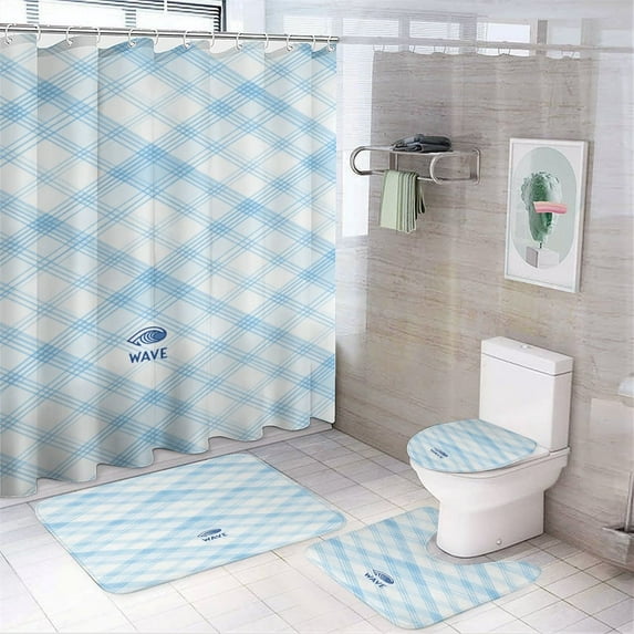Blue Plaid Wave Pattern Shower Curtain Bathroom Sets Toilet Lid Rug ...