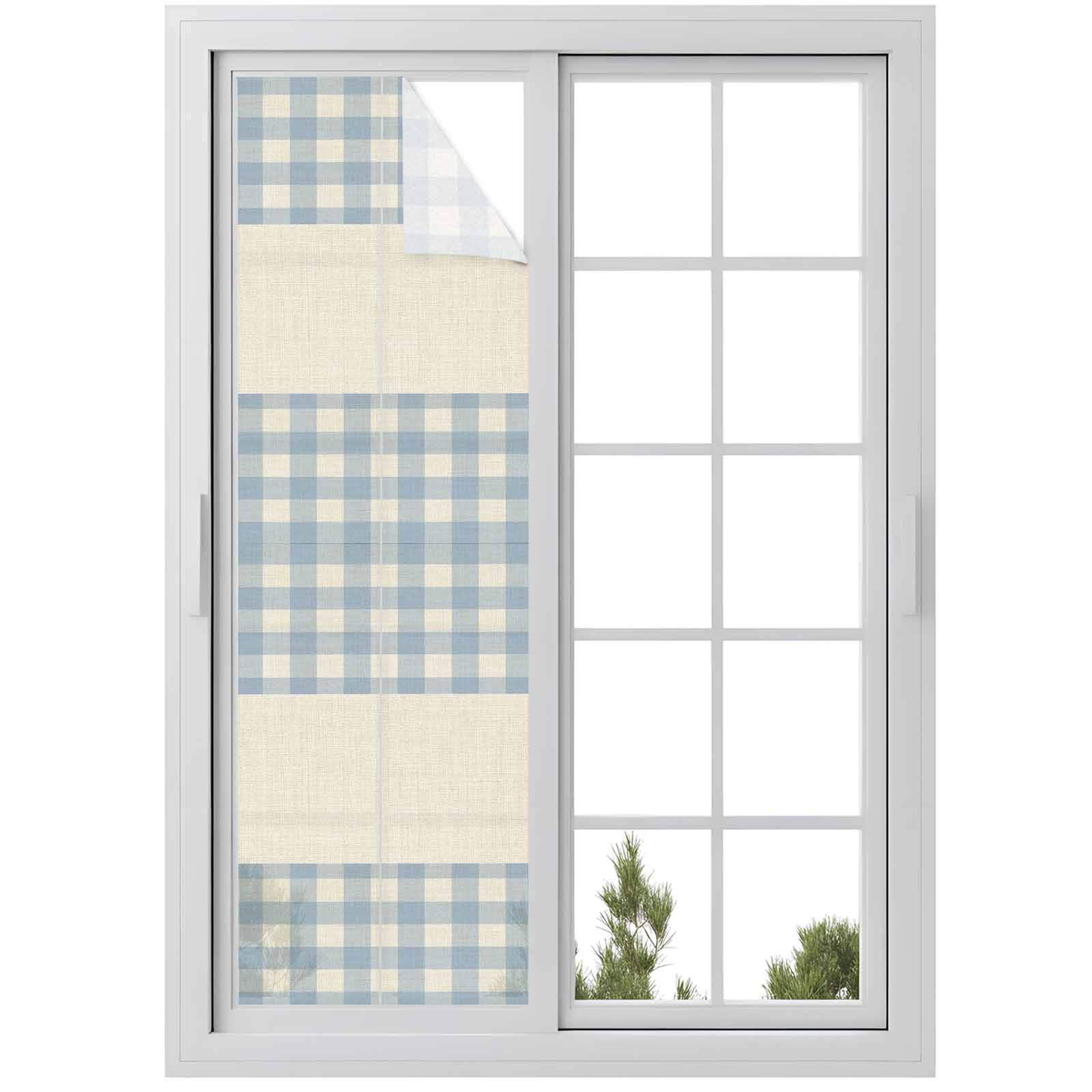 Blue Plaid Window Privacy Film, Retro Country Blue Plaid Linen Texture ...