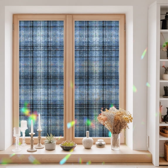 Blue Plaid Window Privacy Film Rustic Farmhouse Static Cling Stained ...