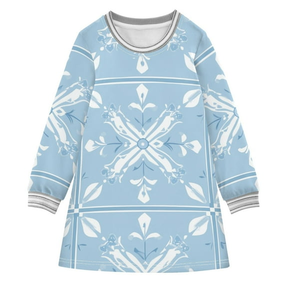 Blue Plaid with White Snowflakes Pattern Long-sleeved Dress A-line ...