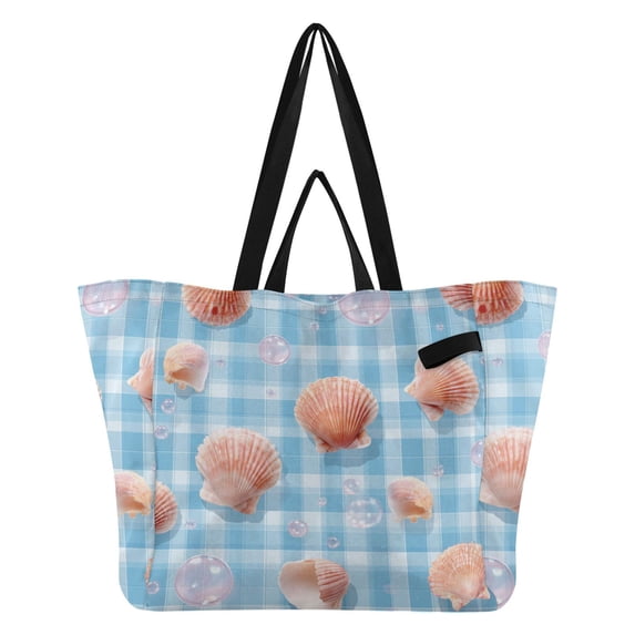 Blue Plaids Bubbles Shells Foldable Canvas Tote Bags Reusable Grocery ...