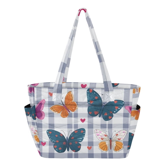 Blue Plaids Butterflies Hearts Valentine Women's Quilted Tote HandBag ...