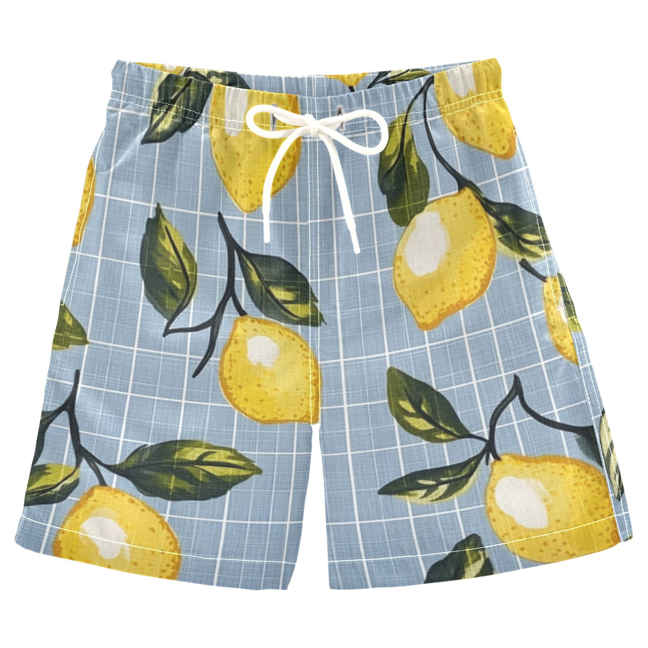 Blue Plaids Lemons Leaves Vintage Style Boys' Beach Pants Board Shorts ...