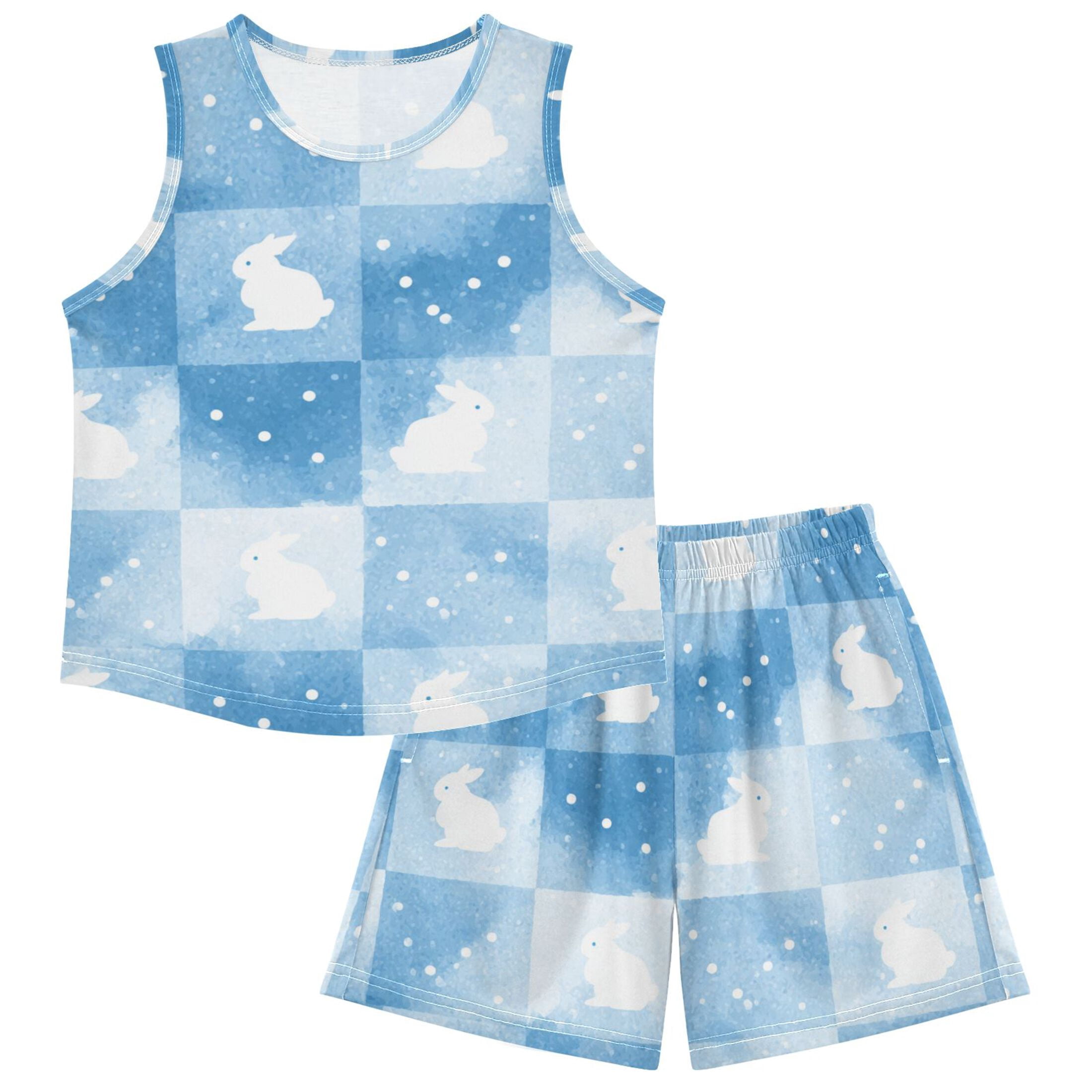 Blue Plaids Rabbits Easter Pajamas Set Sleeveless Sleepwear Tank Tops ...