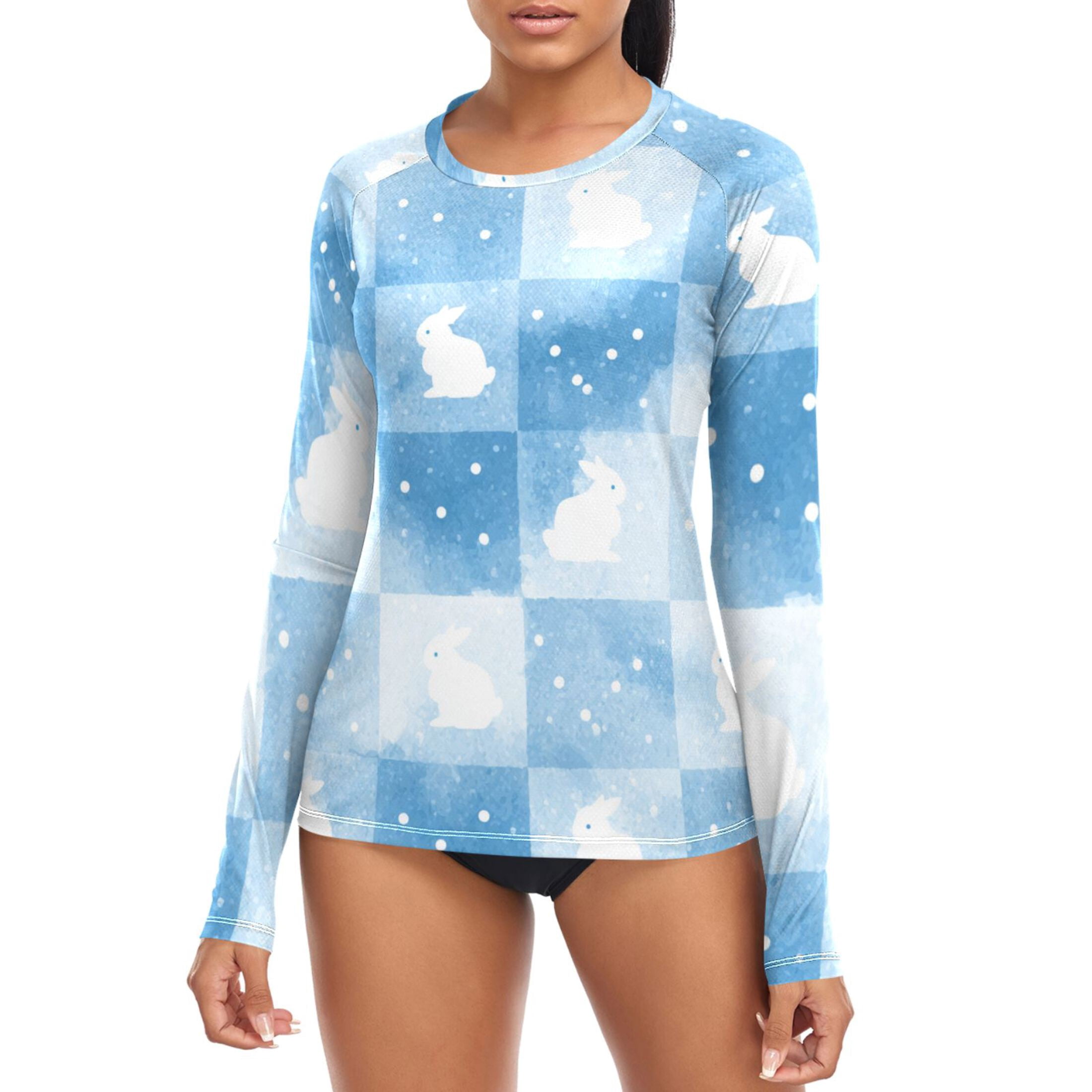 Blue Plaids Rabbits Easter Women's Rash Guard Shirts UPF 50+ Sun ...