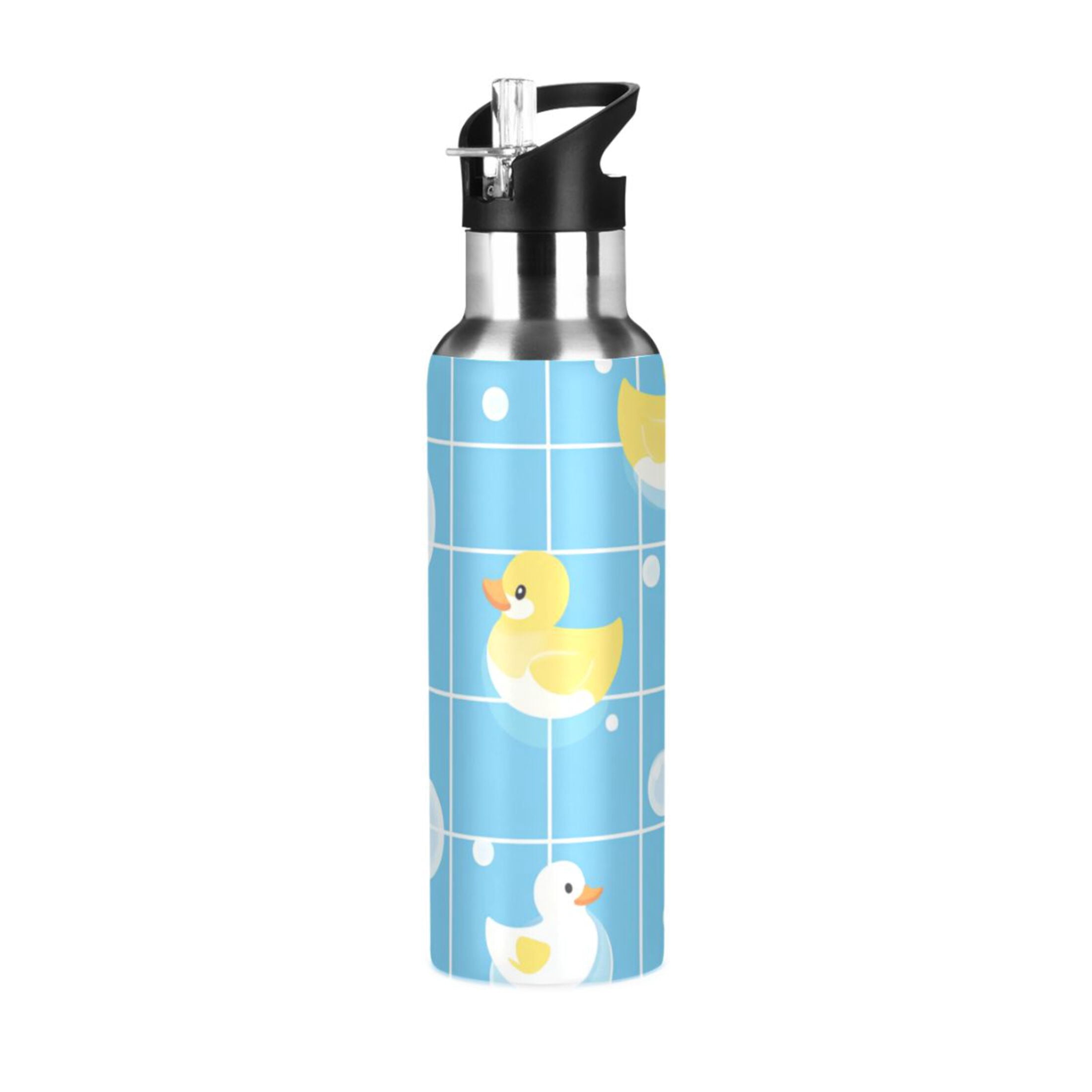 Blue Plaids Rubber Ducks Bubbles Sports Bottle with Straw Stainless ...
