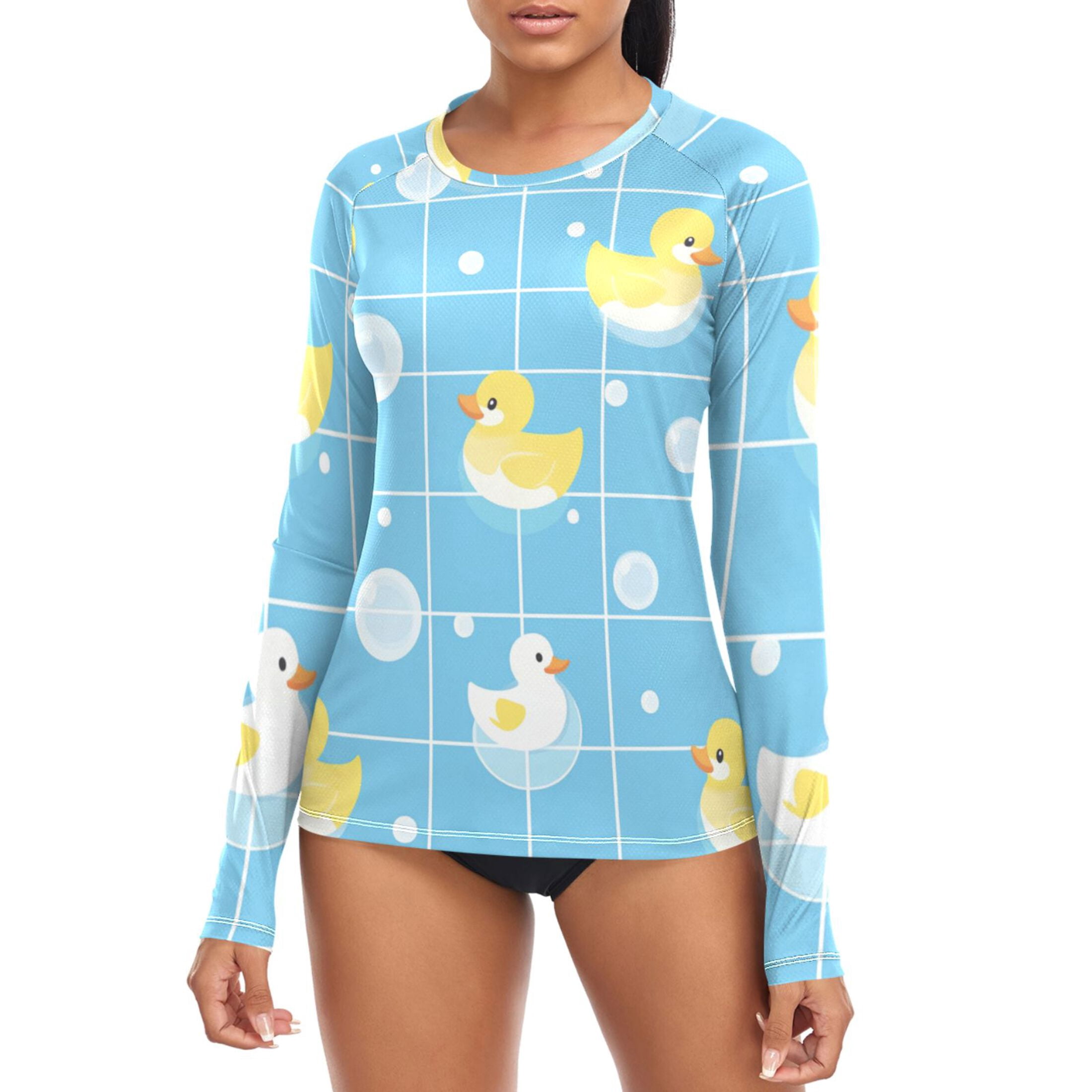 Blue Plaids Rubber Ducks Bubbles Women's Rash Guard Shirts UPF 50+ Sun ...