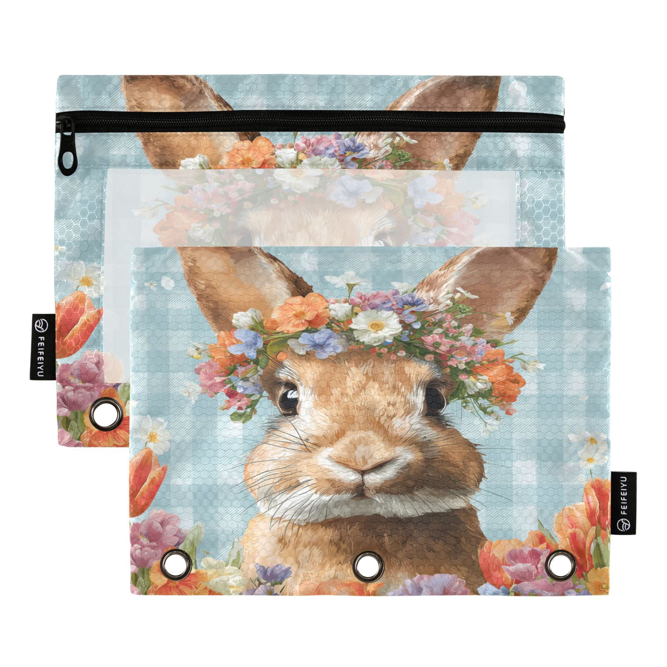 Blue Plaids Tulips Easter Rabbit with Wreath Binder Pouches Zipper ...