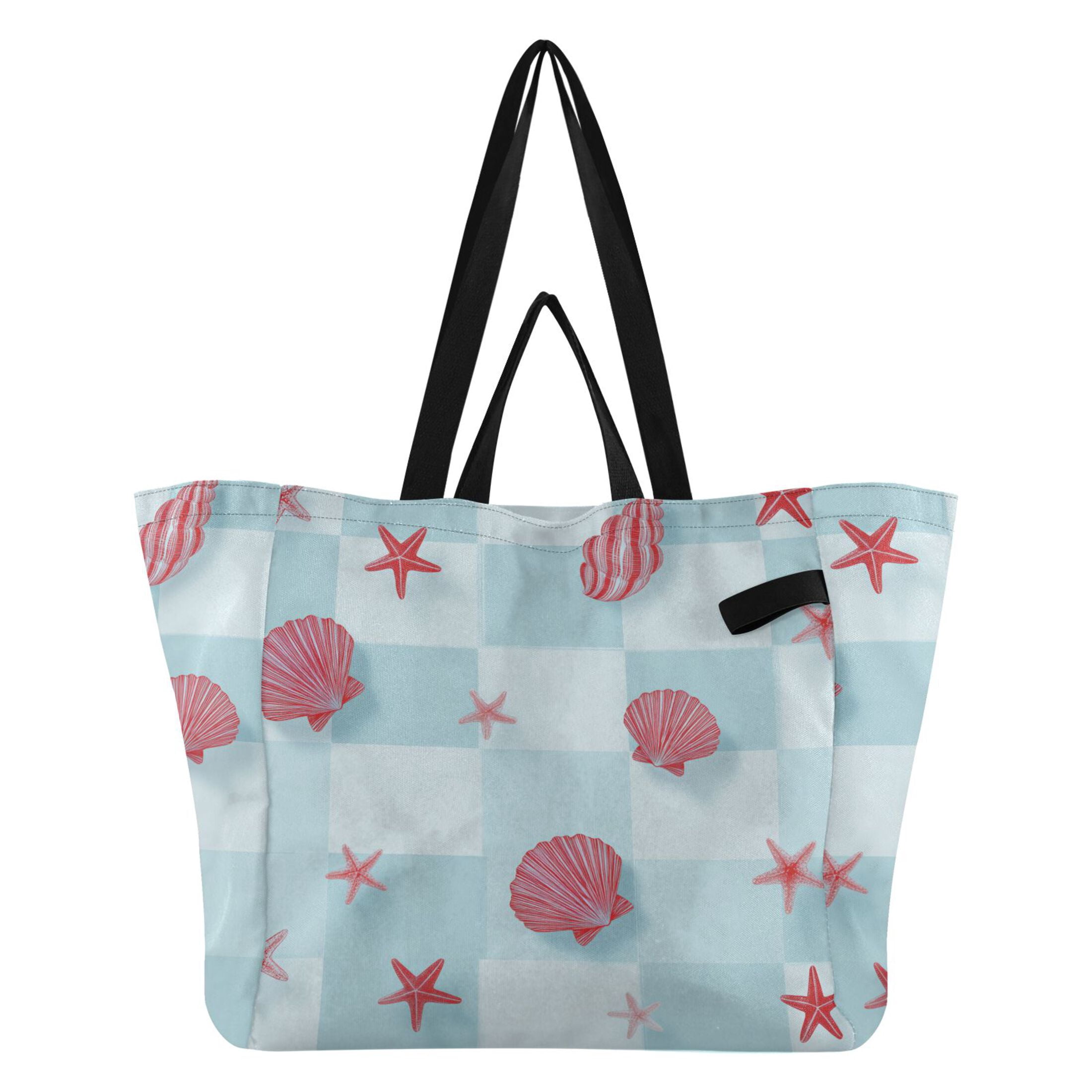 Blue Plaids with Pink Shells Starfishes Foldable Canvas Tote Bags ...