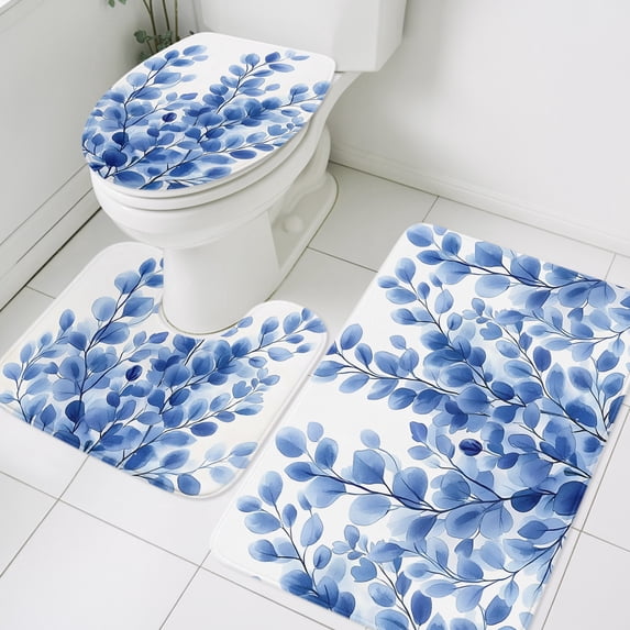 Blue Plant Bathroom Rugs Set Spring Vintage Blue Ombre Leaf Watercolor ...
