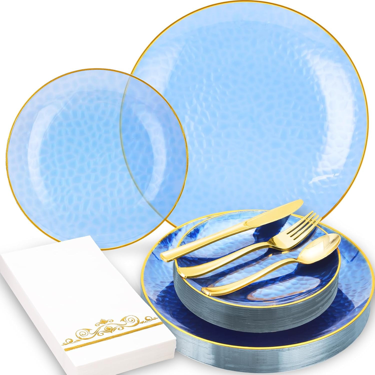 Blue Plastic Dinnnerware Set for 25 Guests - Clear Blue Plastic Plates ...