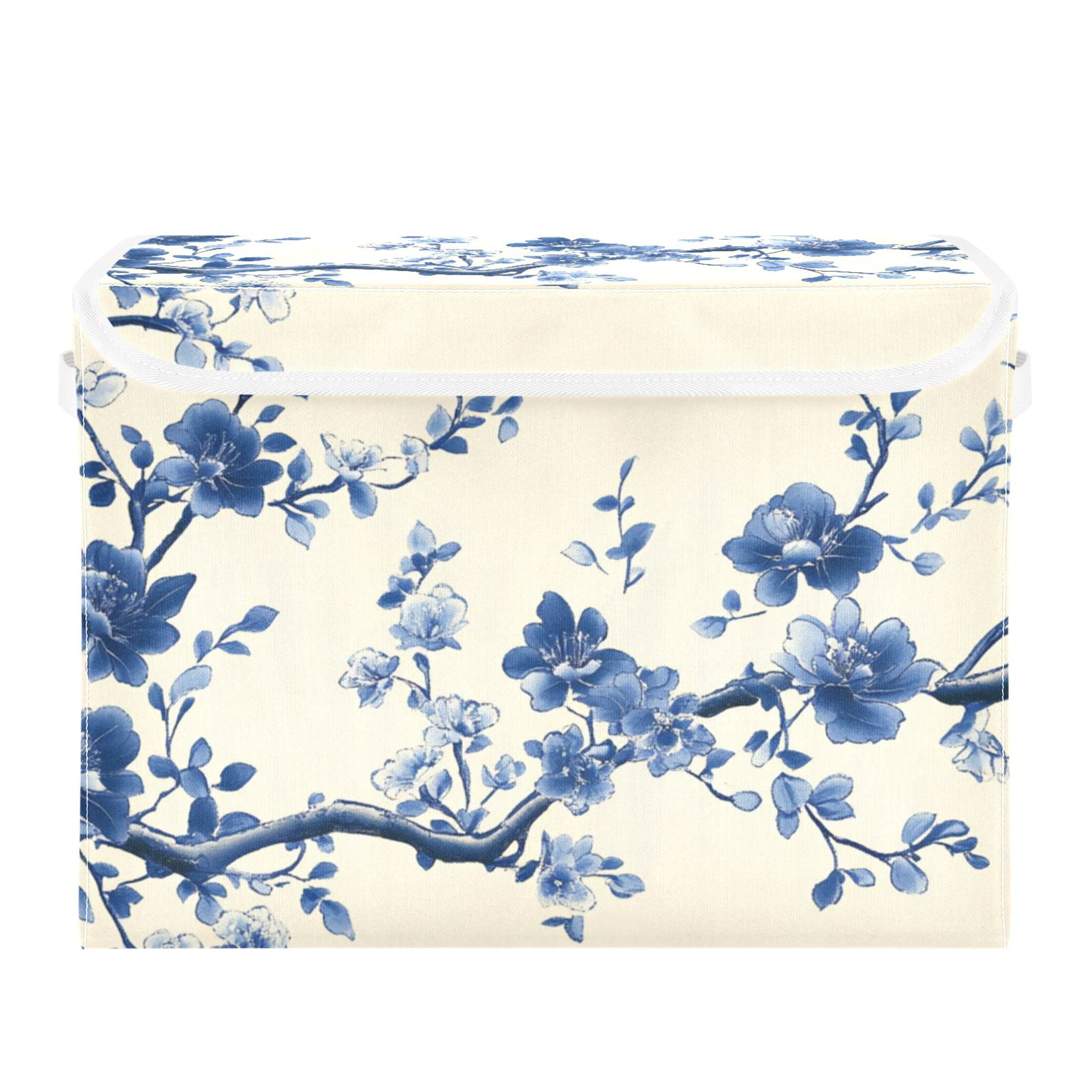 Blue Plum Blossom Leaves Foldable Storage Bin with Lid and Handle ...