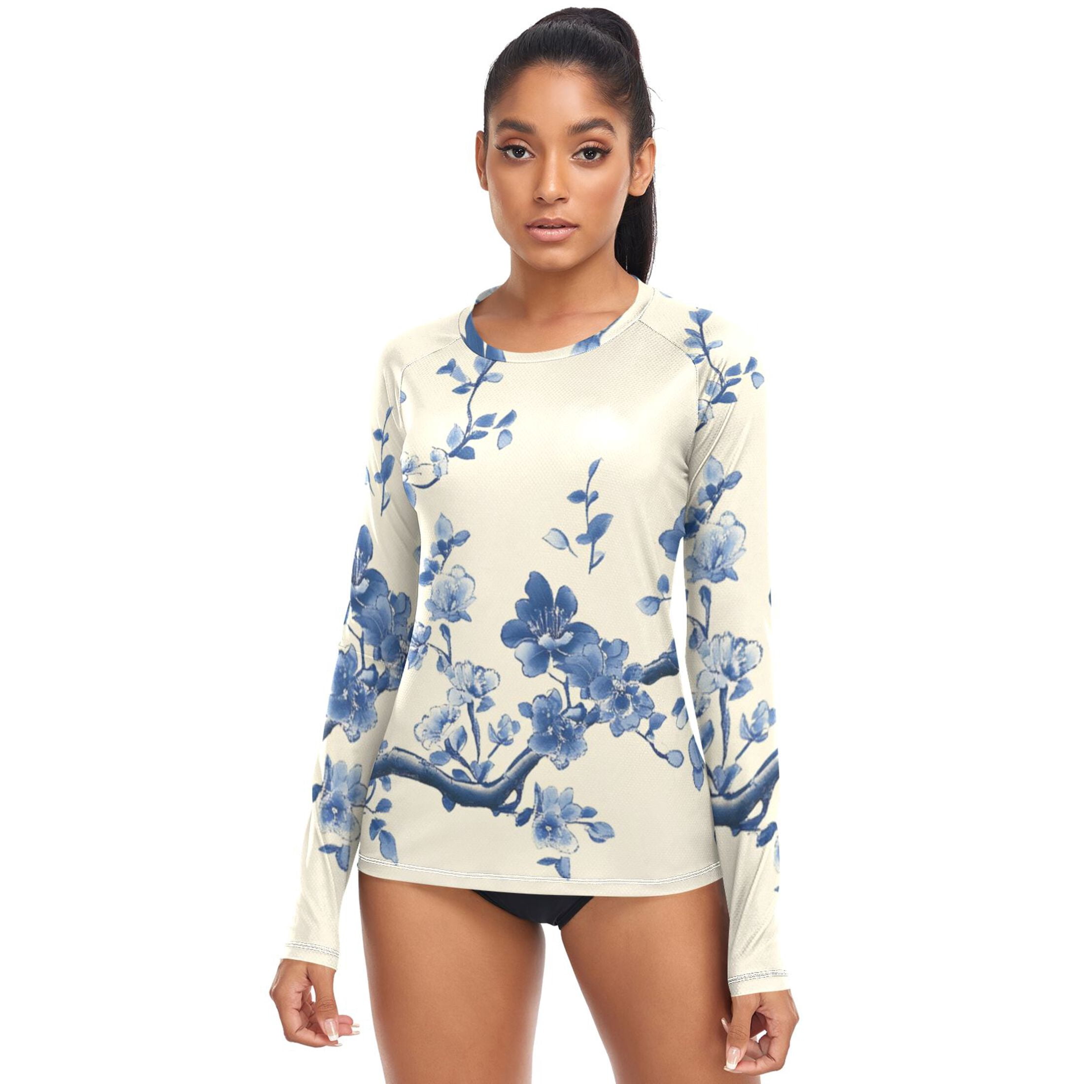 Blue Plum Blossom Leaves Women's Rash Guard Shirts UPF 50+ Sun ...