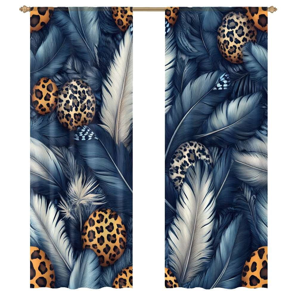 Blue Plumage Leopard Spots Tulle Curtains For Living Room Chiffon Sheer ...