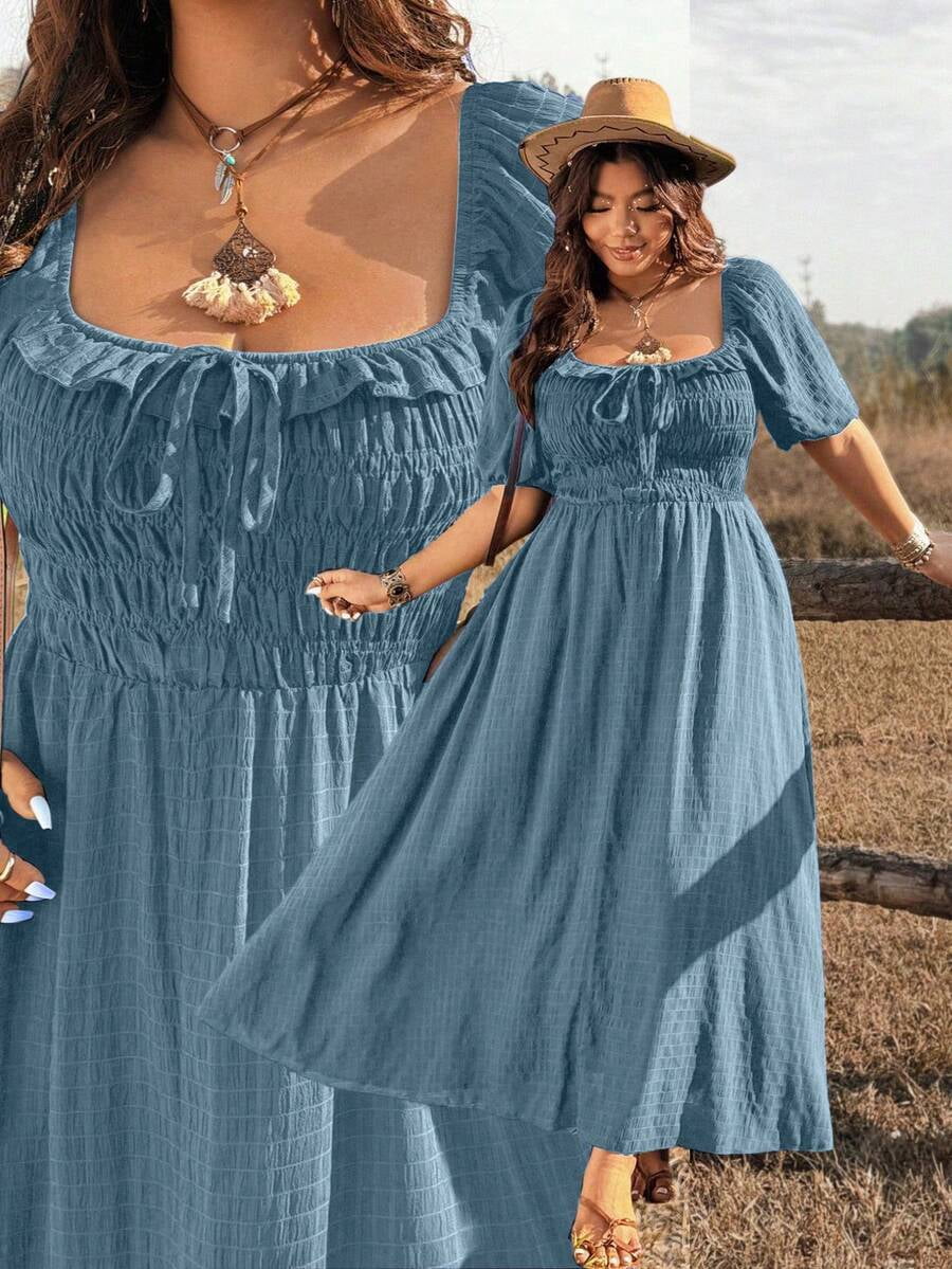 Blue Plus Size Boho Summer Dress For Women Long Shirred Square Neck ...