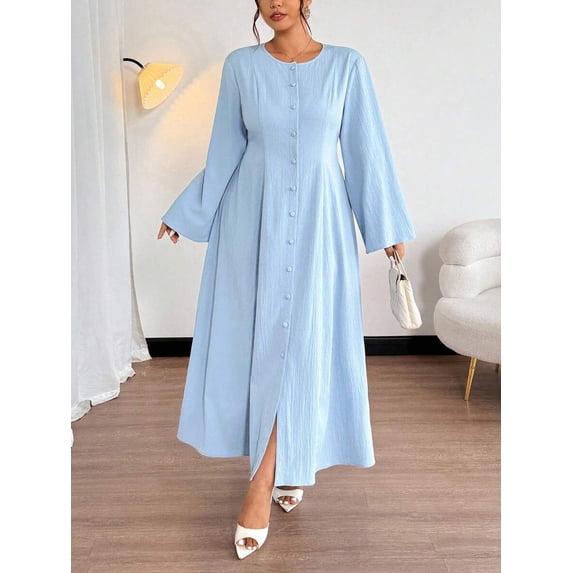 Blue Plus Size Elegant A-Line Button Front Long Sleeve Maxi Dress With ...