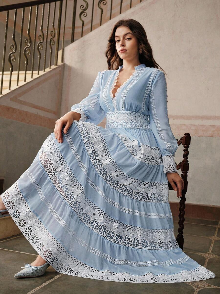 Blue Plus Size Elegant Long Dress With Lace Patchwork, V-Neck, Long ...