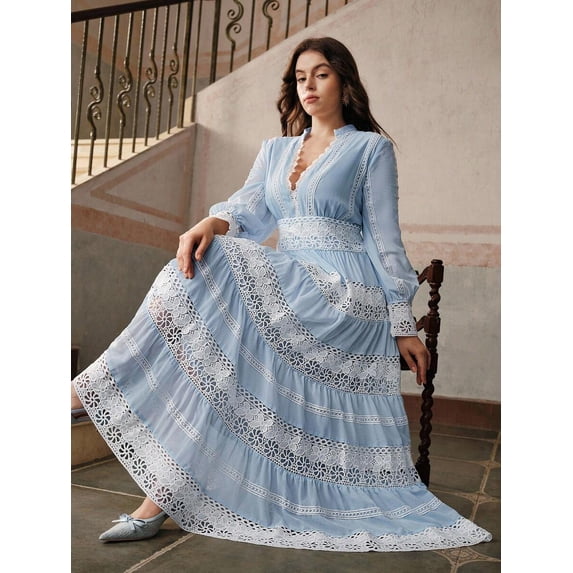 Blue Plus Size Elegant Long Dress With Lace Patchwork, V-Neck, Long ...