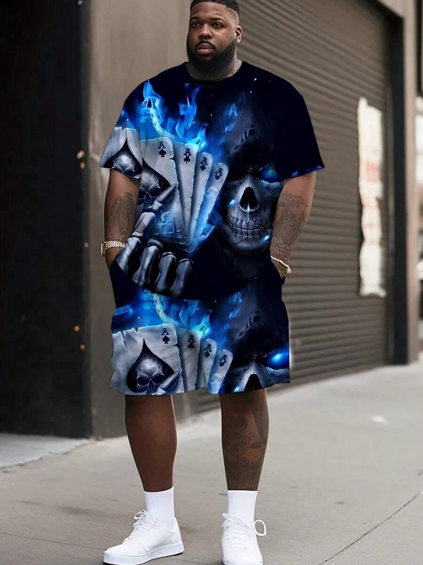 Blue Plus Size Mens All-Over Print Short Sleeve T-Shirt And Shorts Set ...