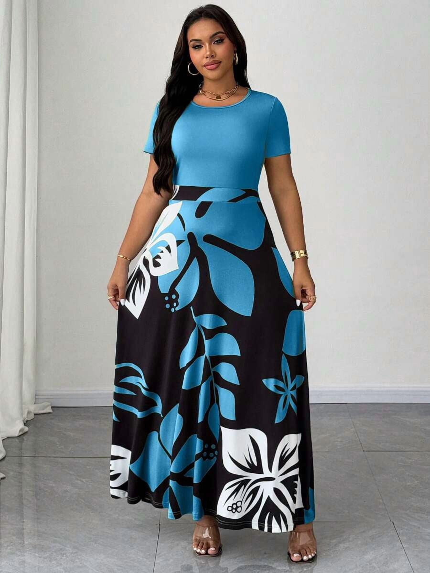 Blue Plus Size Women Botanical Print Round Neck Short Sleeve Maxi Dress ...