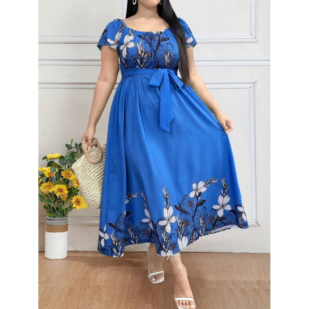 Blue Plus Size Women Summer Floral Print Square Neck Short Sleeve A ...