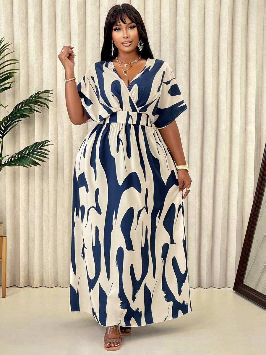 Blue Plus Size Women V-Neck Wrap Maxi Dress With Abstract Brushstroke ...
