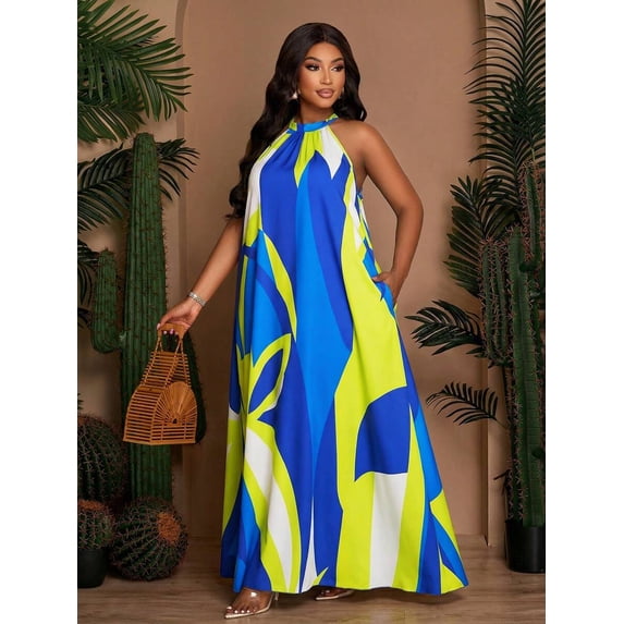 Blue Plus Size Womens Loose Sleeveless Halter Neck A-Line Maxi Dress ...