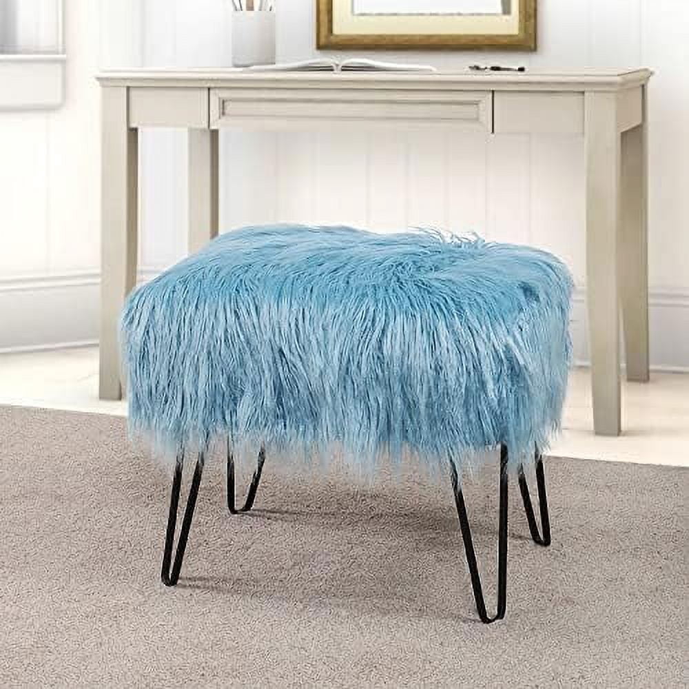 Blue Plush Faux Fur Ottoman Entryway Bench 19.5"x12.5"x17" Comfy Fluffy ...