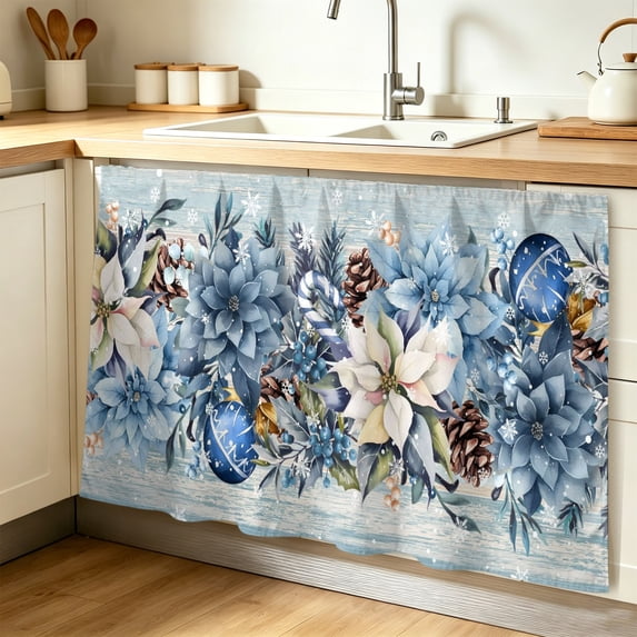 Blue Poinsettia Christmas Cabinet Curtain 32"Wx55"L,Dustproof Pantry ...