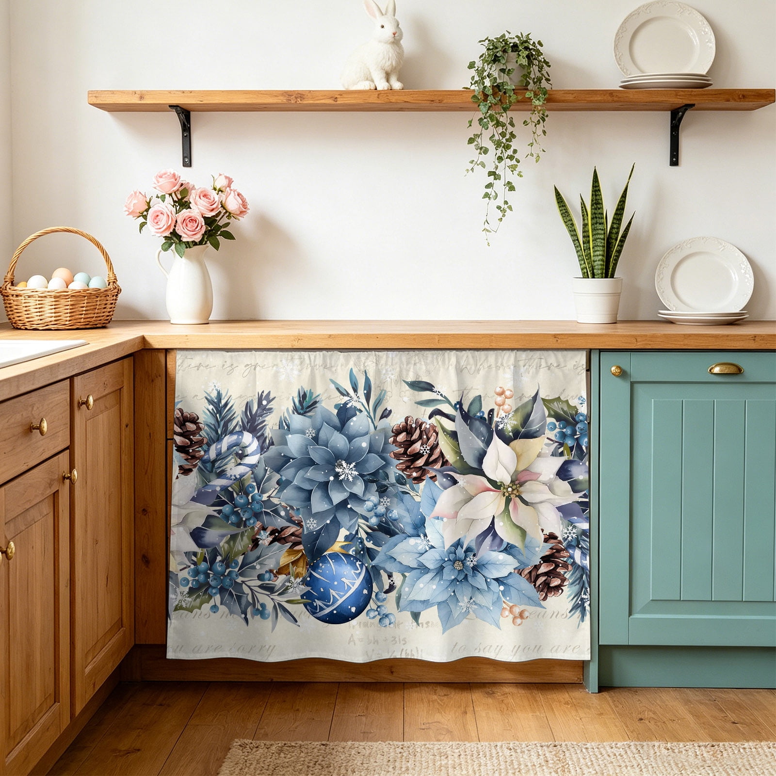 Blue Poinsettia Christmas Cabinet Curtains 28''x35.4'',Xmas Botanical ...