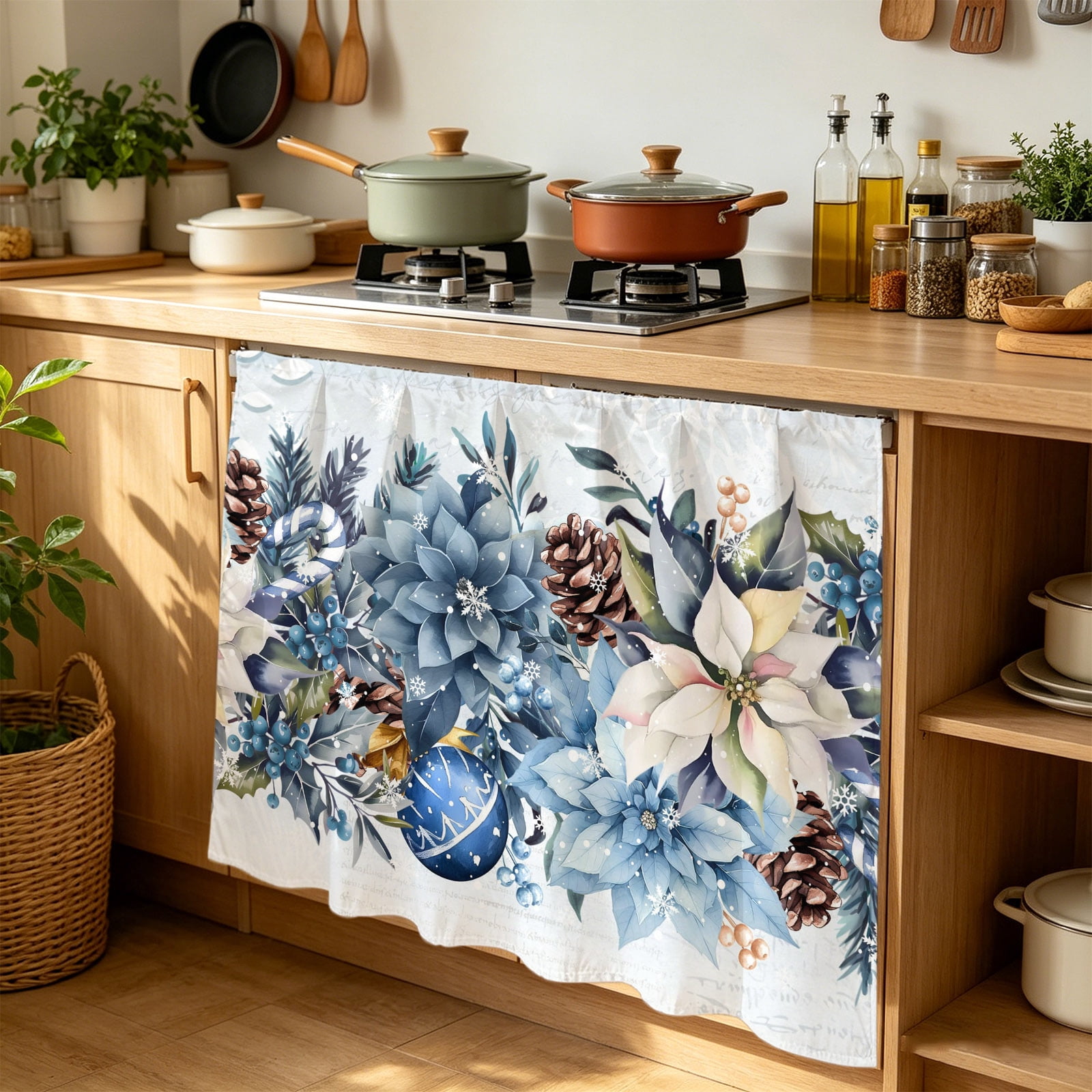 Blue Poinsettia Christmas Cabinet Curtains 35''x35'', Xmas Botanical ...