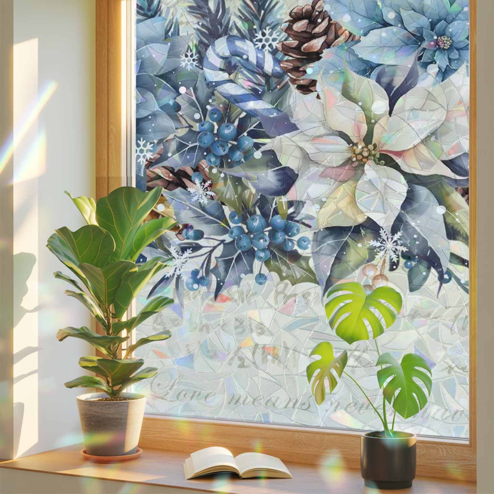Blue Poinsettia Christmas Privacy Window Film,Decorative Stained Glass ...