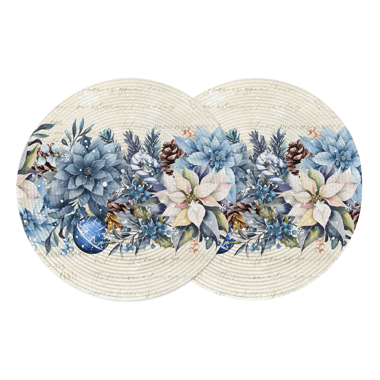 Blue Poinsettia Christmas Round Placemats Set of 2,Braided ...