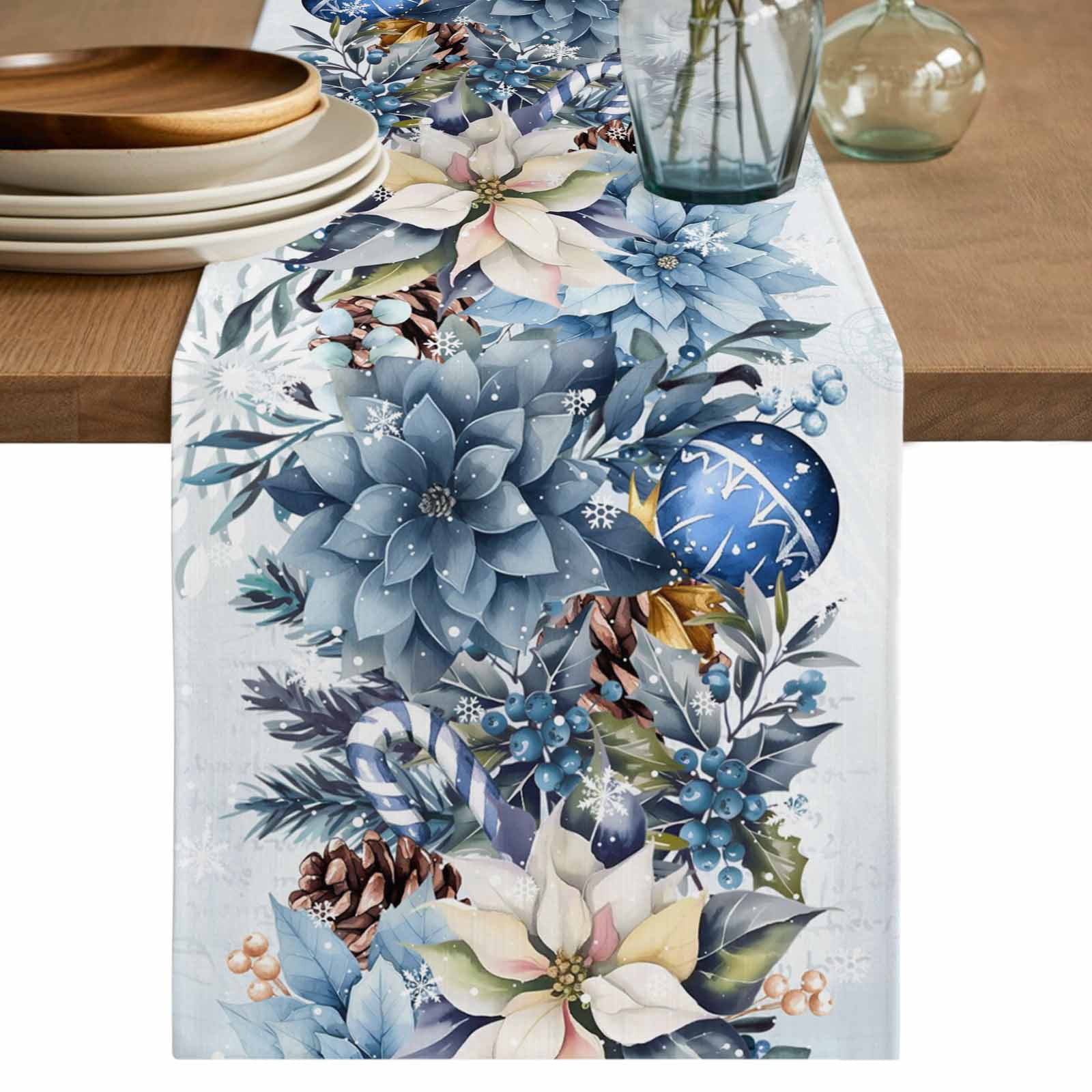 Blue Poinsettia Christmas Table Runner 70 Inches, Xmas Botanical Balls ...