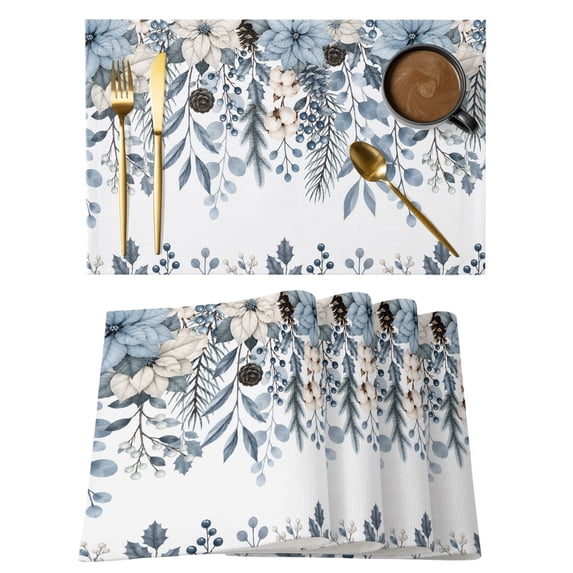 Blue Poinsettia Placemats Set of 4 Rustic Floral Cotton Pine Cone Holly ...