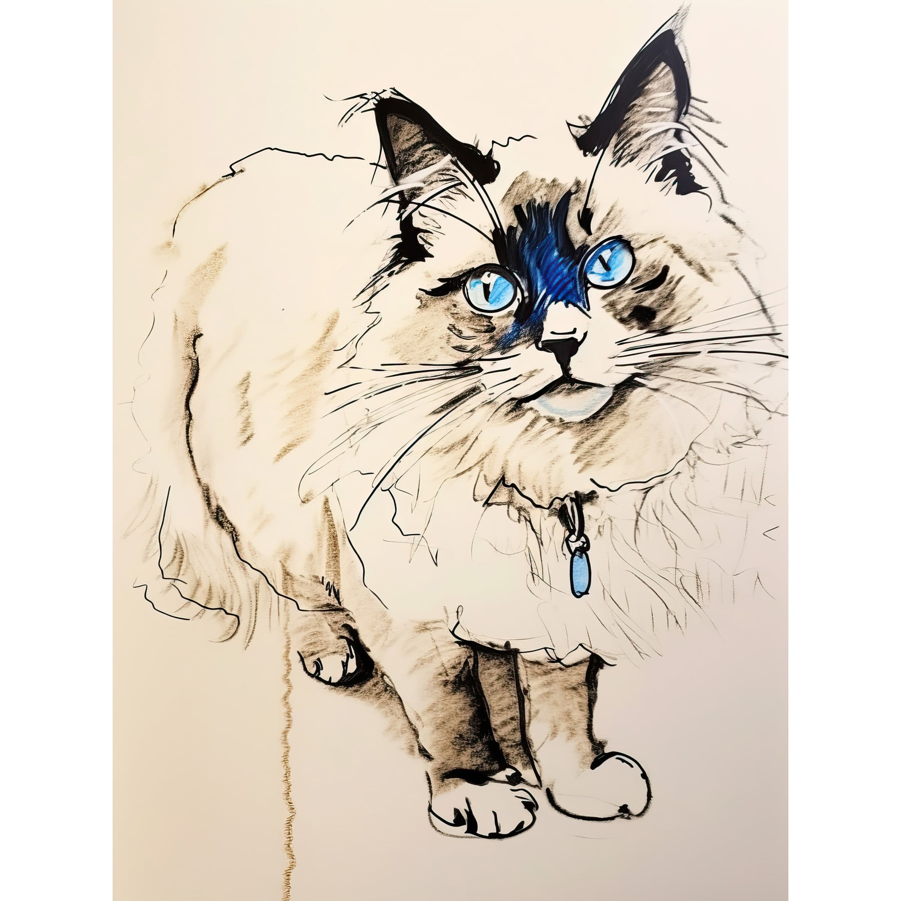 Blue Point Ragdoll Cat Sketch Drawing Portrait Extra Large XL Wall Art ...