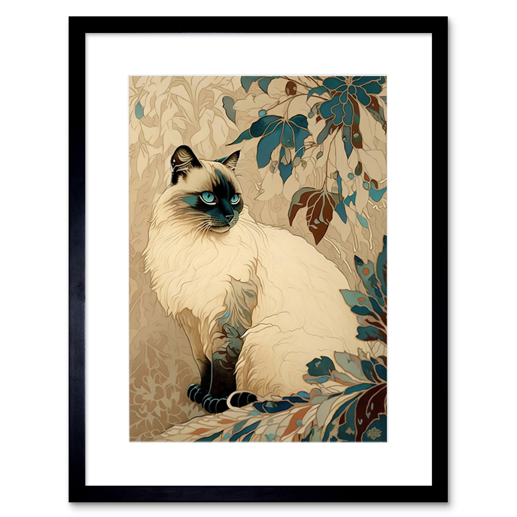Blue Point Ragdoll Cat and Plant Pattern Art Nouveau Modern ...