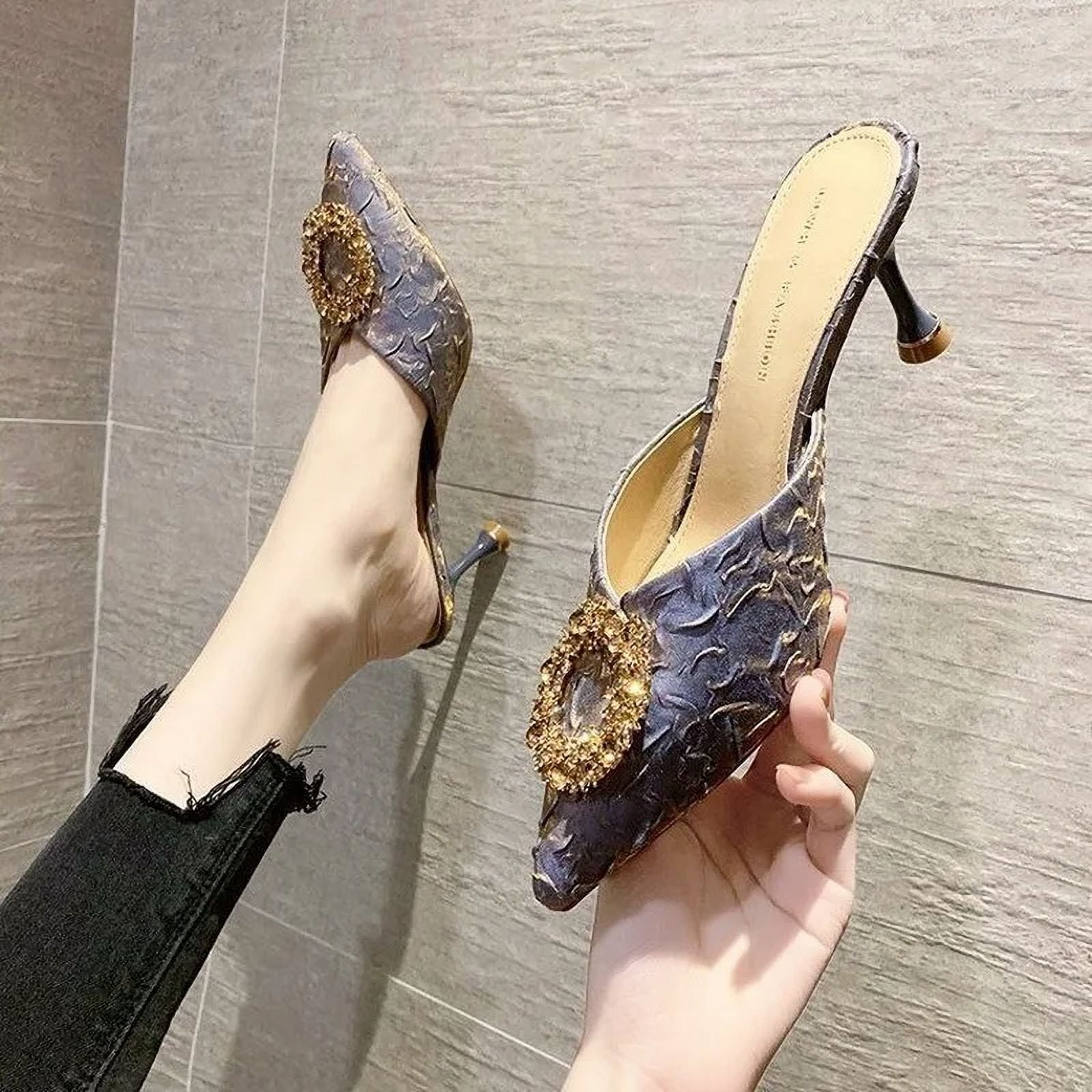 Blue Pointed Toe Mules Stiletto Sandals Woman Slippers Outside ...