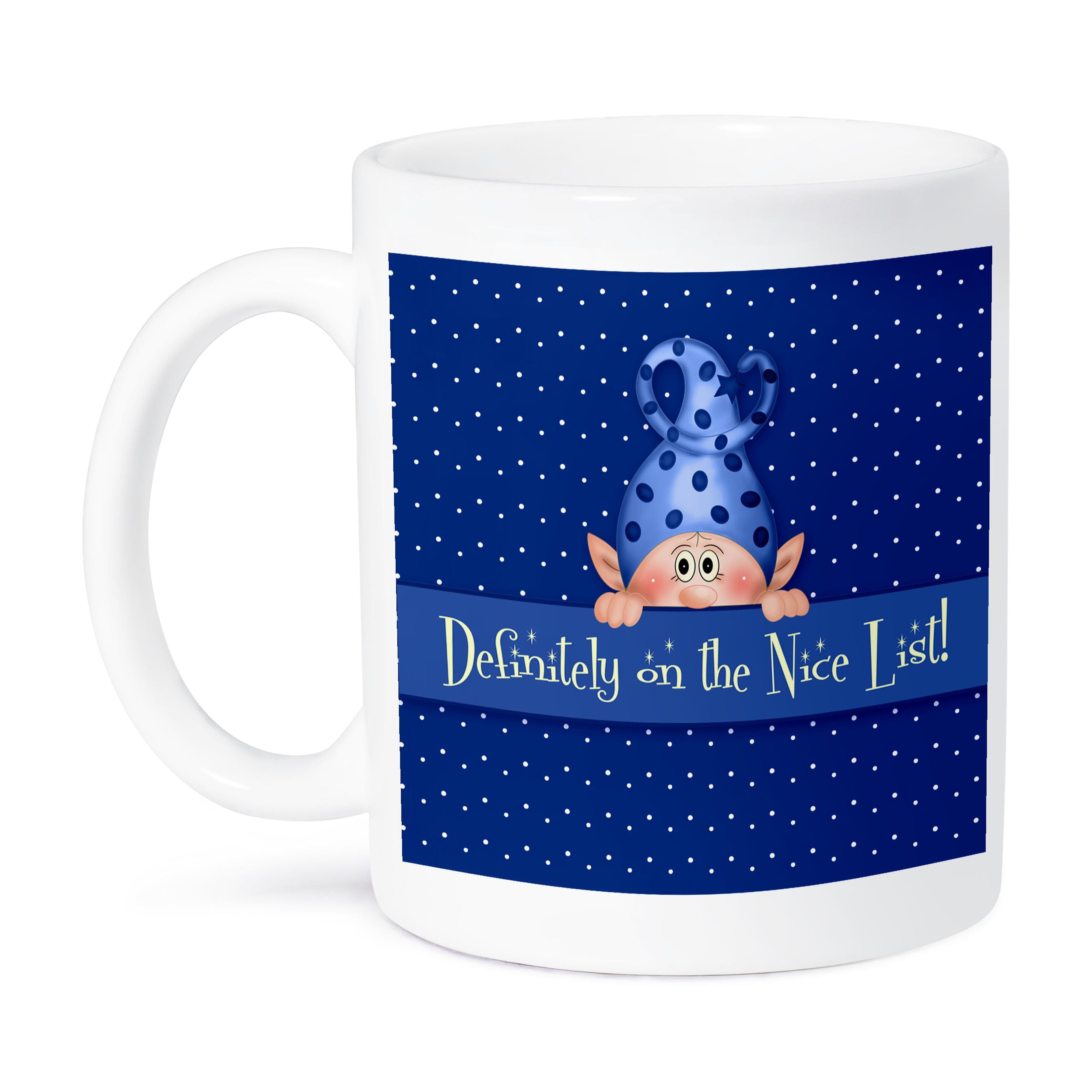 Blue Polka Dot Definitely On The Nice List Elf Holiday Season, 11oz Mug ...