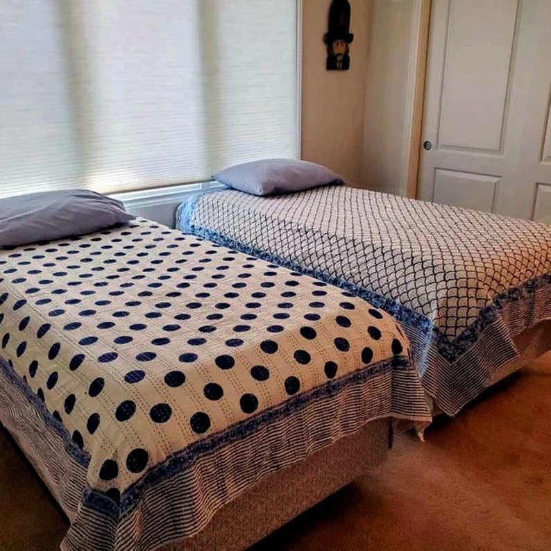 Blue Polka Dot Kantha Quilt Hand Block Print Bedspread Indian Bedding ...
