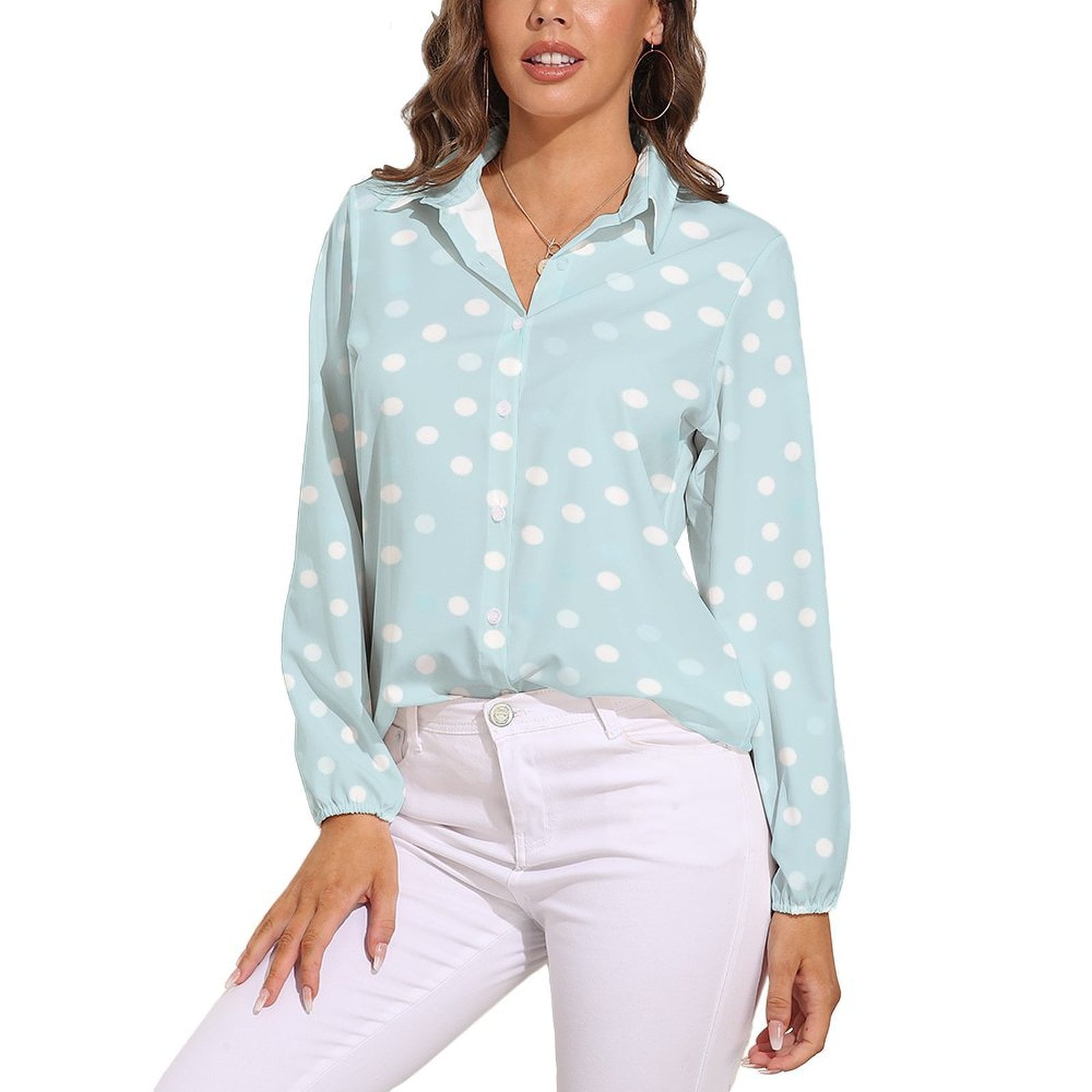 Blue Polka Dot Pattern Blouse Female Long Sleeve Casual Shirts ...