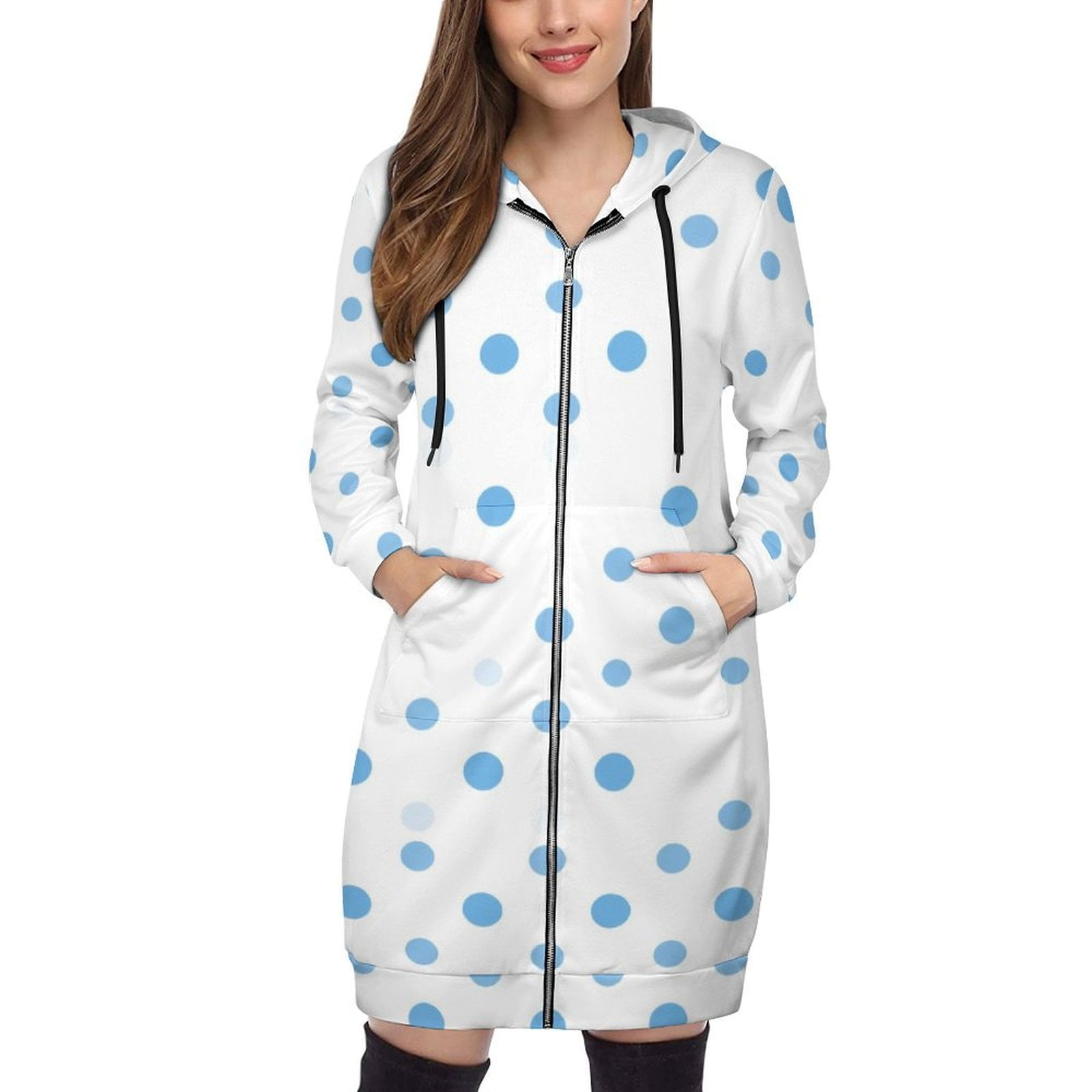Blue Polka Dot Pattern Hooded Sweatshirt Women Print Pullovers ...