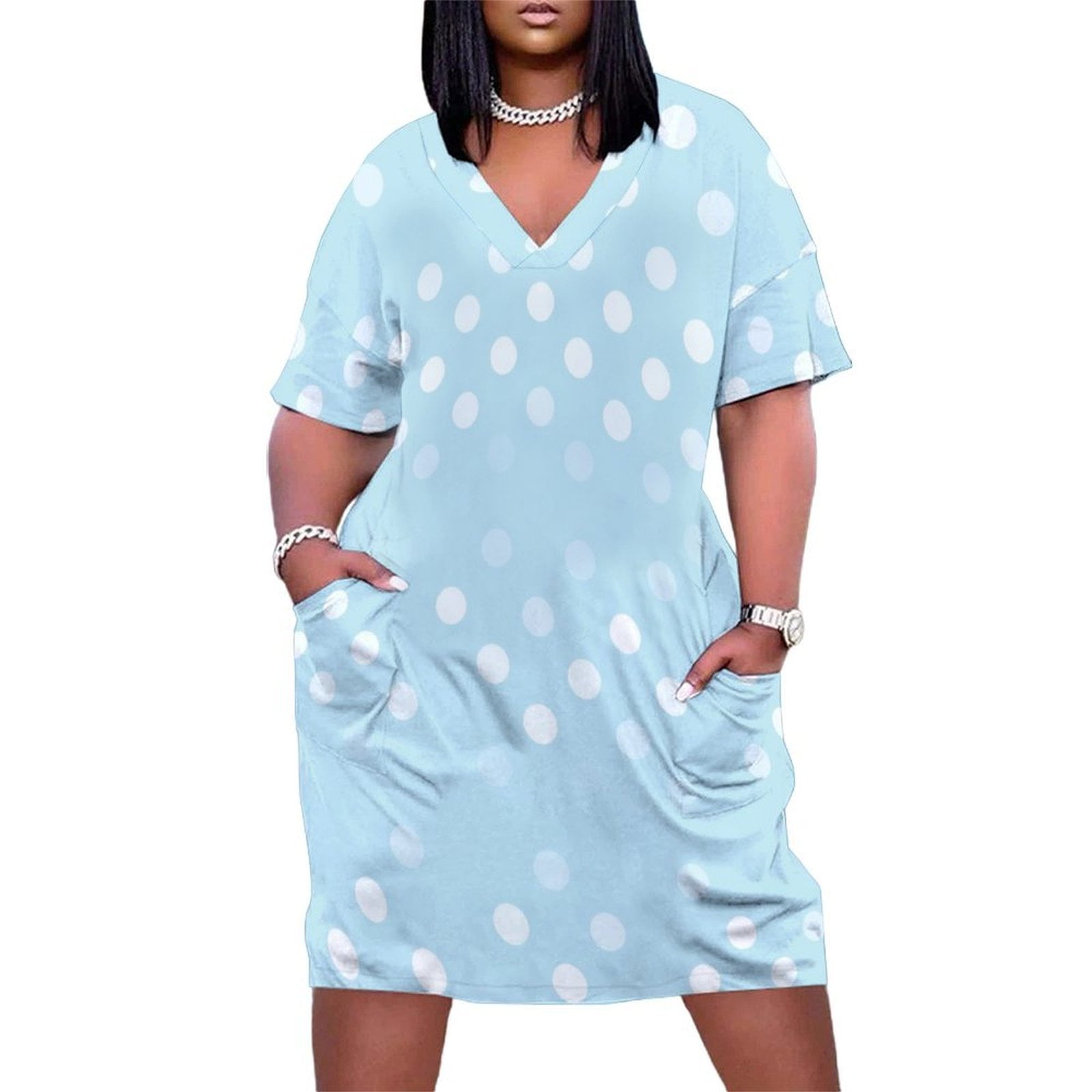 Blue Polka Dot Pattern Loose Pocket Dress Party Dresses for Women Elegant Chic Women Dresses ...