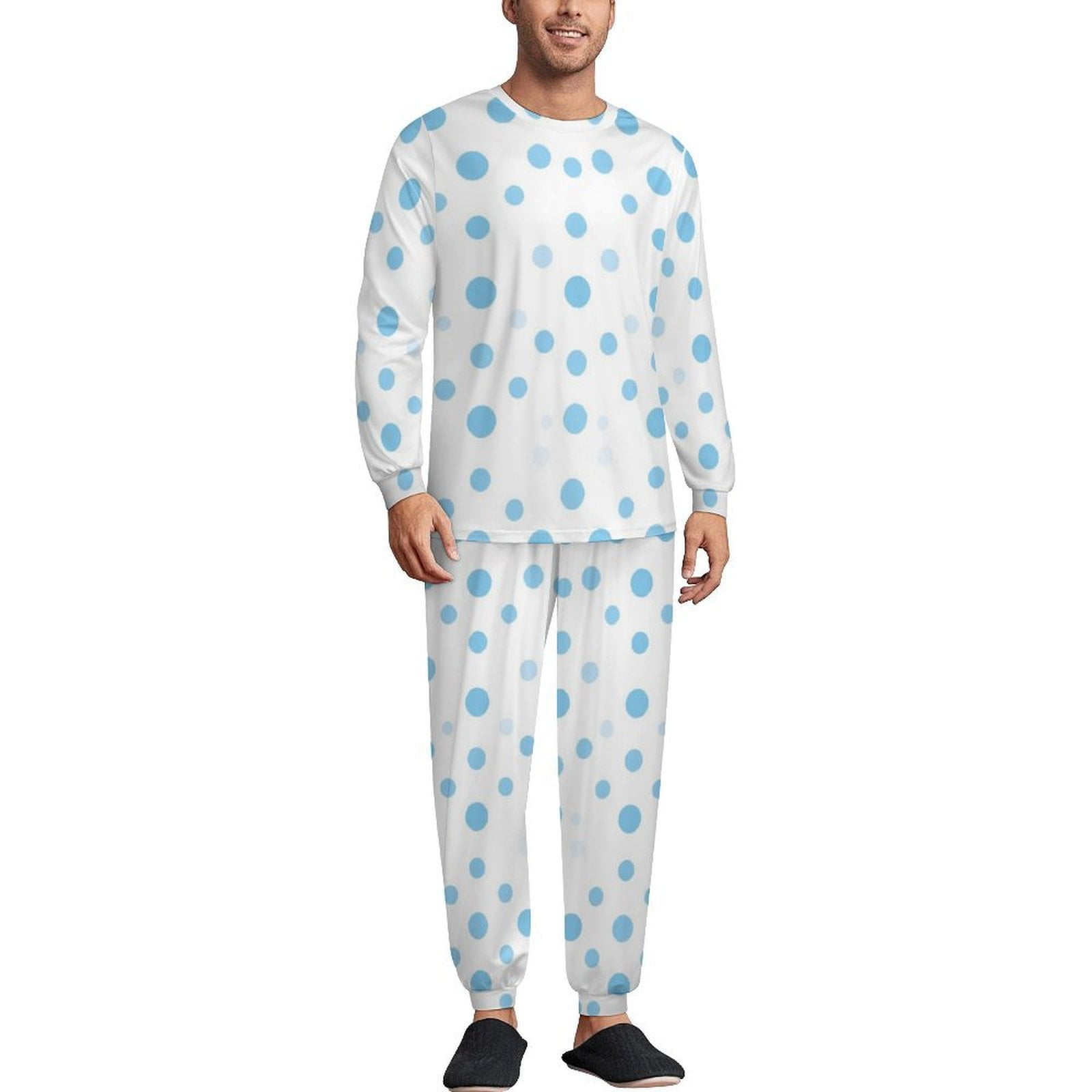 Blue Polka Dot Pattern Pajamas Men Home Suit Winter Long Sleeve 2 Piece ...