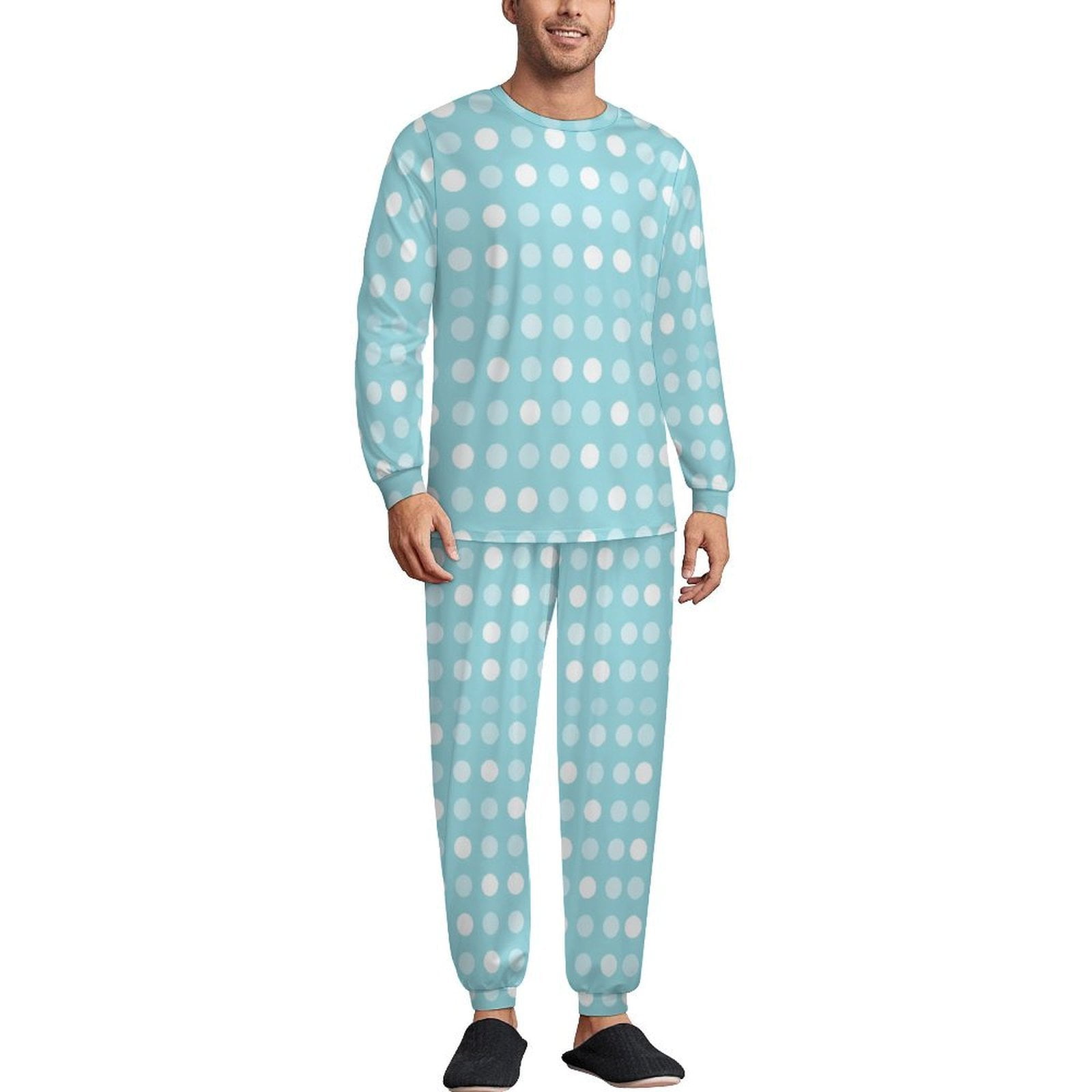 Blue Polka Dot Pattern Pajamas Men Home Suit Winter Long Sleeve 2 Piece ...