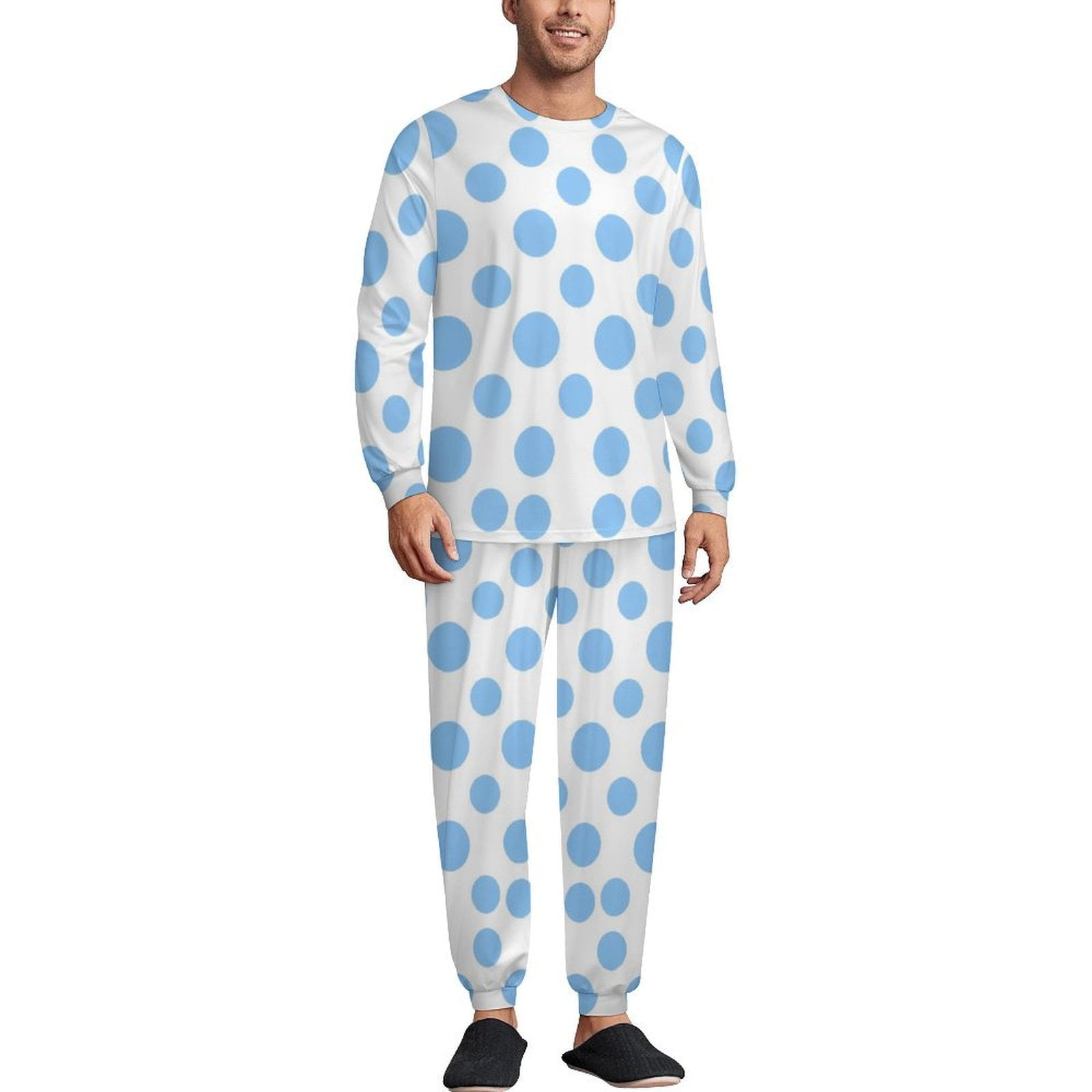 Blue Polka Dot Pattern Pajamas Mens Warm Sleepwear Autumn Long Sleeve 2 ...