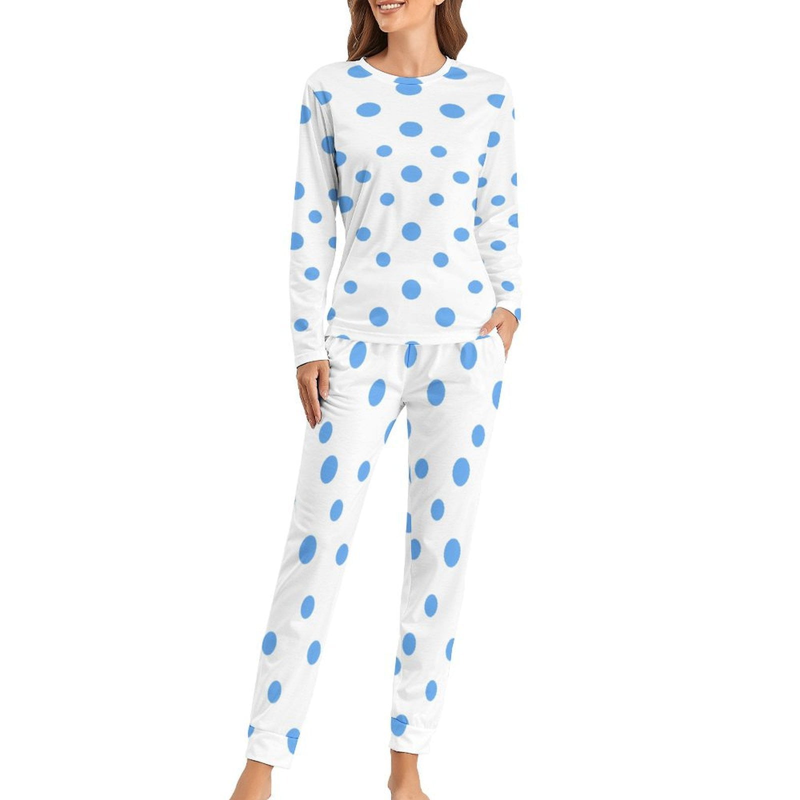 Blue Polka Dot Pattern Pajamas Woman Nightwear Long Sleeve Two Piece ...
